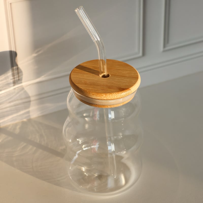 Set x2 Vasos de Vidrio Curvos con Tapa de Bambú y Sorbete 500ml ...
