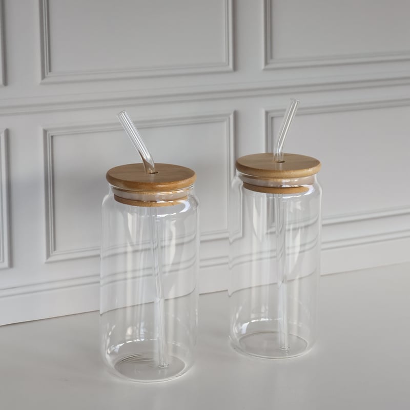 Set x2 Vasos de Vidrio Lata con Tapa de Bambú y Sorbete 500ml DELIGLASS ...