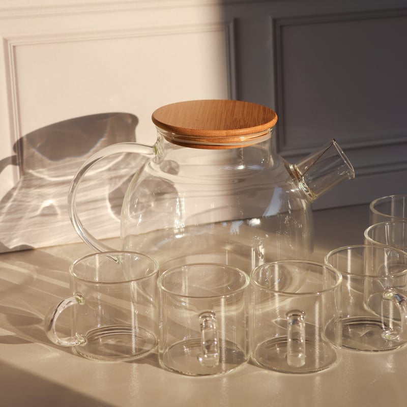 Tetera de Vidrio 1L con Filtro y 6 Vasos de Vidrio DELIGLASS ...