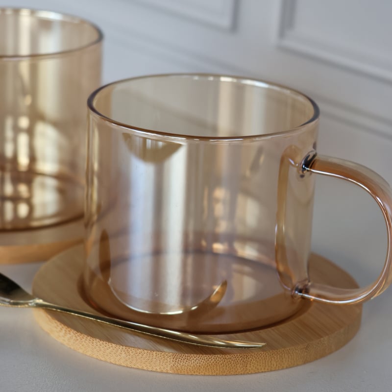 Set x4 Tazas de Vidrio Ámbar con Base y Cucharita 280ml DELIGLASS ...