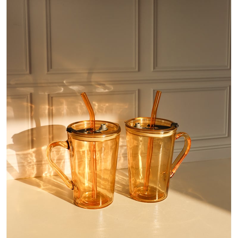 Set x2 Tazas de Vidrio Ámbar con Tapa y Sorbete 400ml DELIGLASS ...