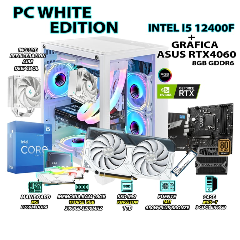 Computadora PC Gamer White Intel Core i5 12400F RAM 16GB SSD 1TB RTX ...