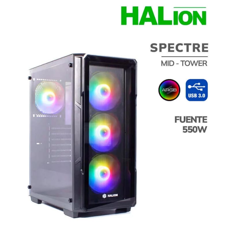 CASE GAMER HALION SPECTRE 550W BLACK 4X12 ARGB VIDRIO TEMPLADO HALION | falabella.com