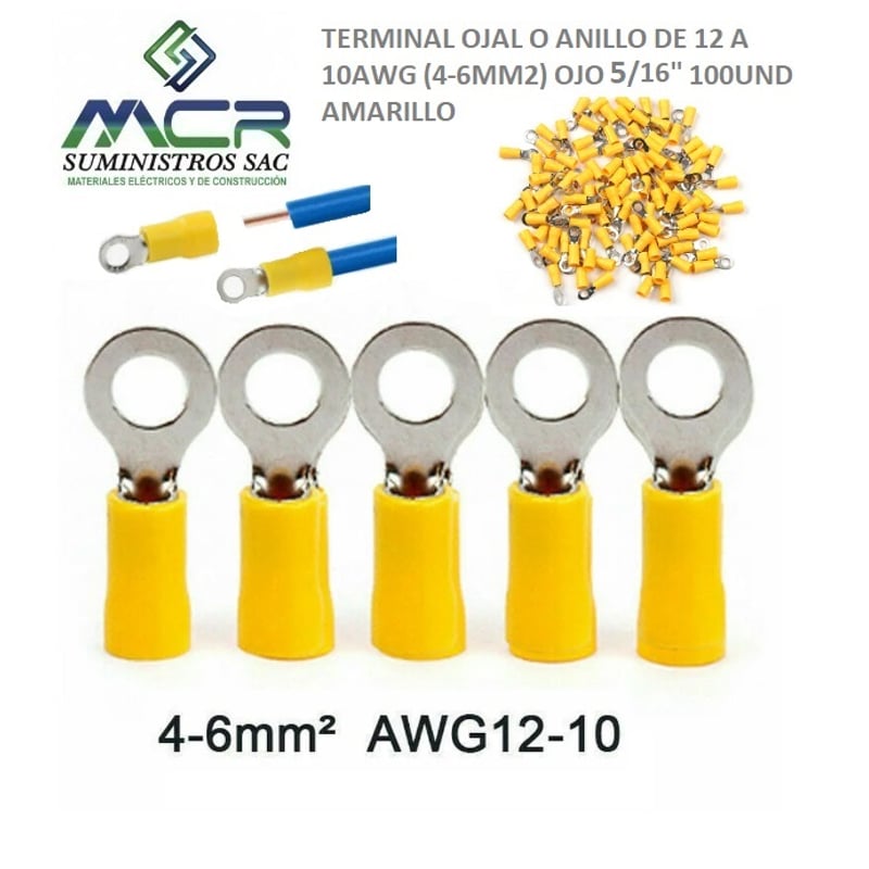 TERMINAL OJAL O ANILLO AISLADO DE 12 A 10AWG (4-6MM2) OJO 5/16" 100UND IMPORTADO | falabella.com