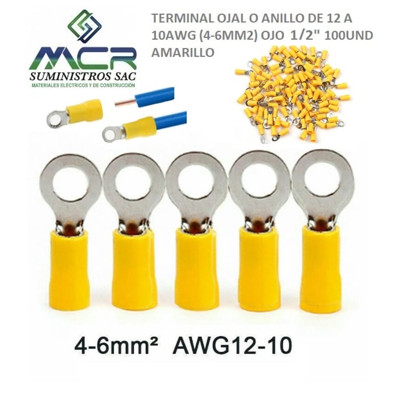 TERMINAL OJAL O ANILLO AISLADO DE 12 A 10AWG (4-6MM2) OJO 1/2" 100UND ...