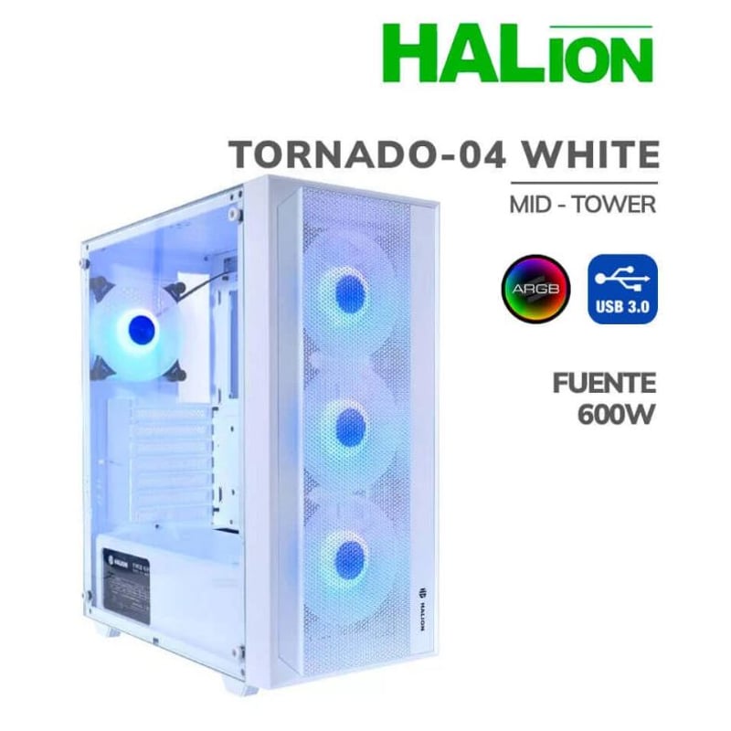 CASE GAMER HALION TORNADO-04 WHITE ( TORNADO 04 WH ) 600W - 4 LED-ARGB ...