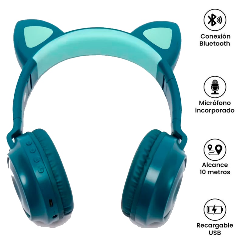 Audífono Inalámbrico Gato Bluetooth Con microfono Orejas LED - Verde ...