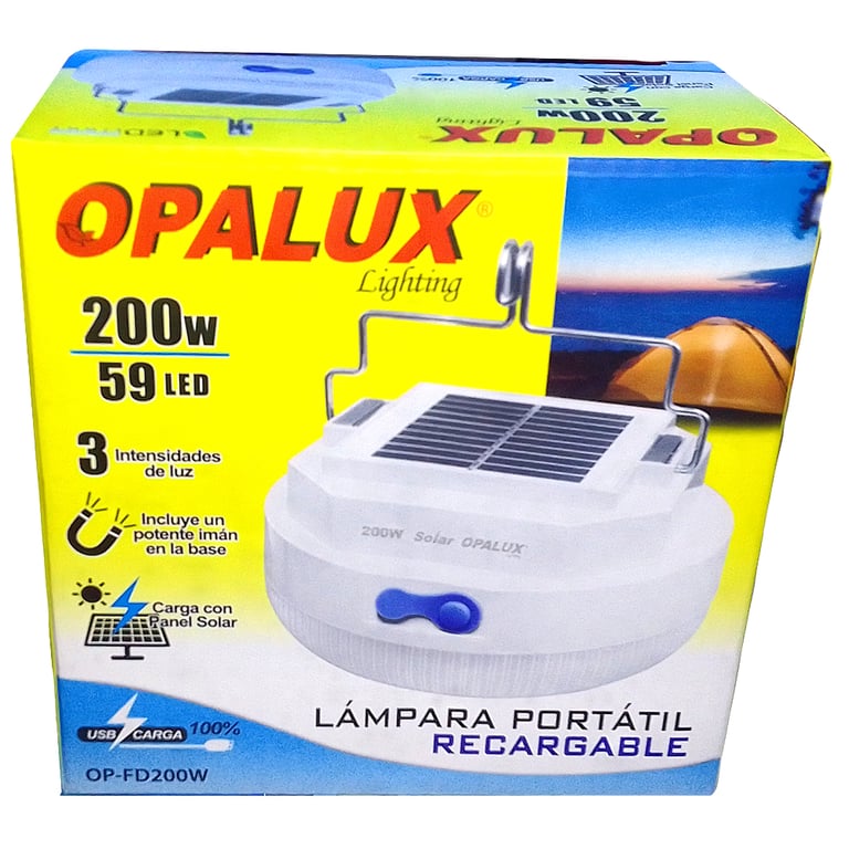 LAMPARA PORTATIL RECARGABLE CON PANEL SOLAR 200W OP-FD200W OPALUX ...