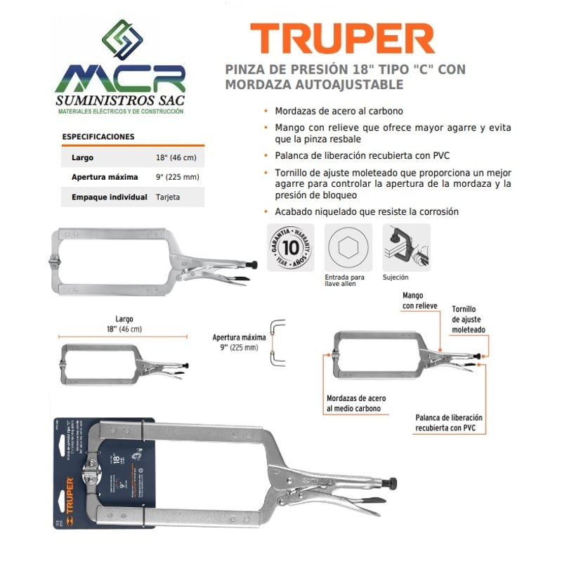 Pinza de presión 11" tipo C con mordaza autoajustable TRUPER TRUPER ...