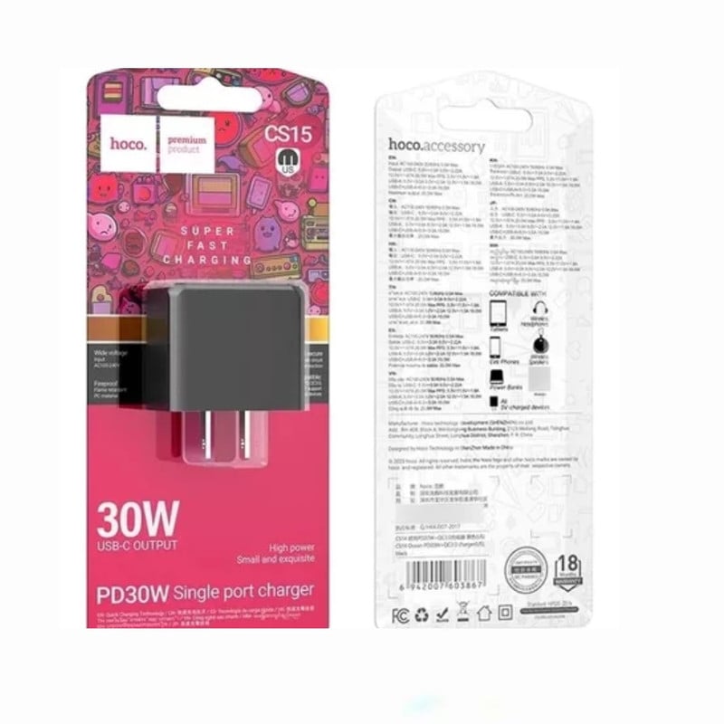 Cargador Carga Rapida 30w Hoco Puerto C - NEGRO HOCO | falabella.com