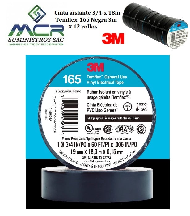 Cinta aislante 3/4 x 18m Temflex 165 Negra 3m x 12 rollos 3M | falabella.com
