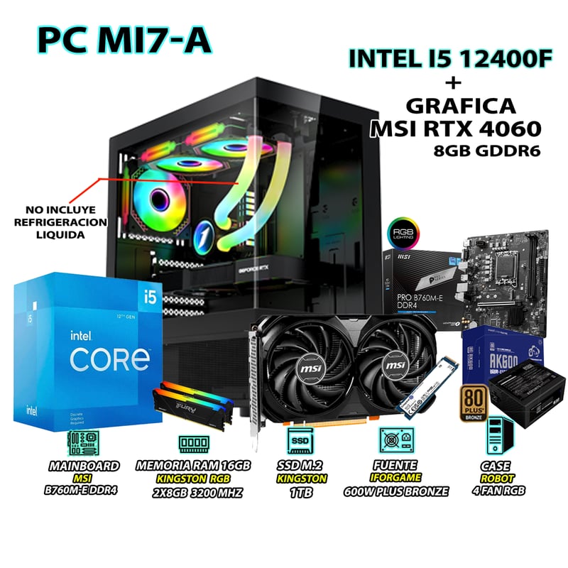 Computadora PC Gamer Intel Core i5 12400F RAM 16GB SSD 1TB RTX 4060 8GB ...