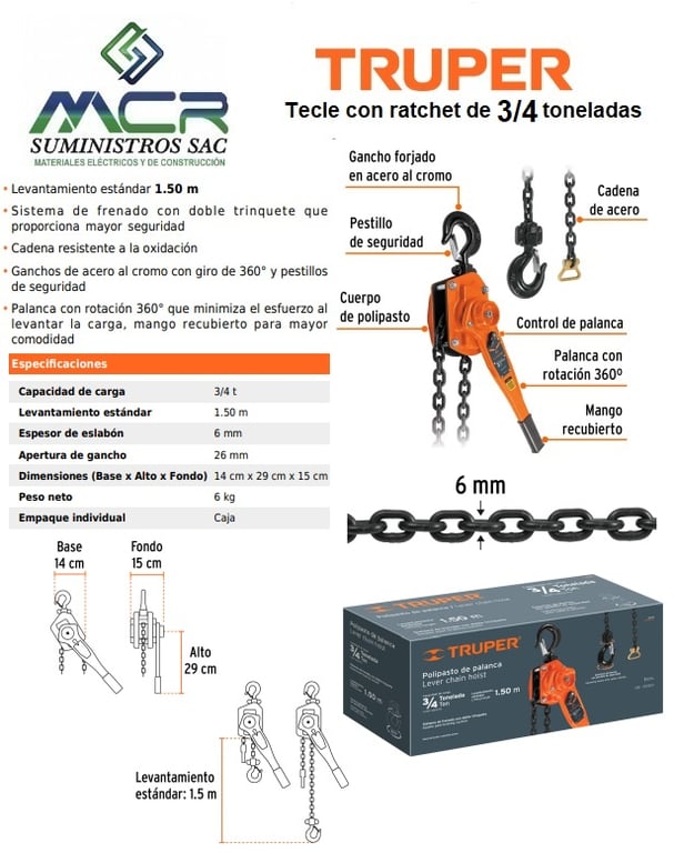 Tecle con ratchet de TRES CUARTO 34 tonelada truper TRUPER | falabella.com