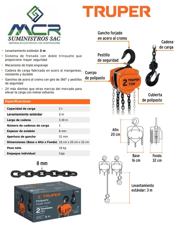 Tecle con cadena de 2 toneladas Truper TRUPER | falabella.com