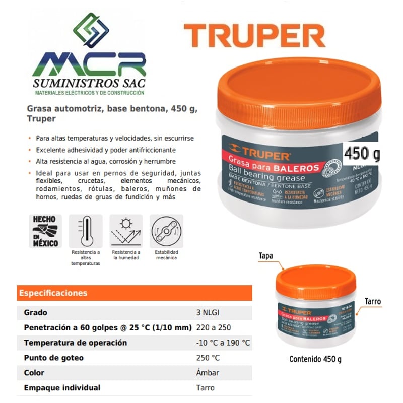 Grasa automotriz, base bentona, 450 g, Truper TRUPER | falabella.com