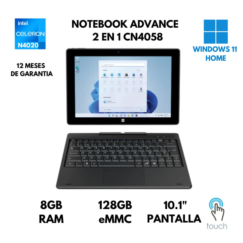 LAPTOP ADVANCE CN4058 2 EN 1 CELERON N4020 8GB RAM 128GB EMMC 10.1" IPS ...