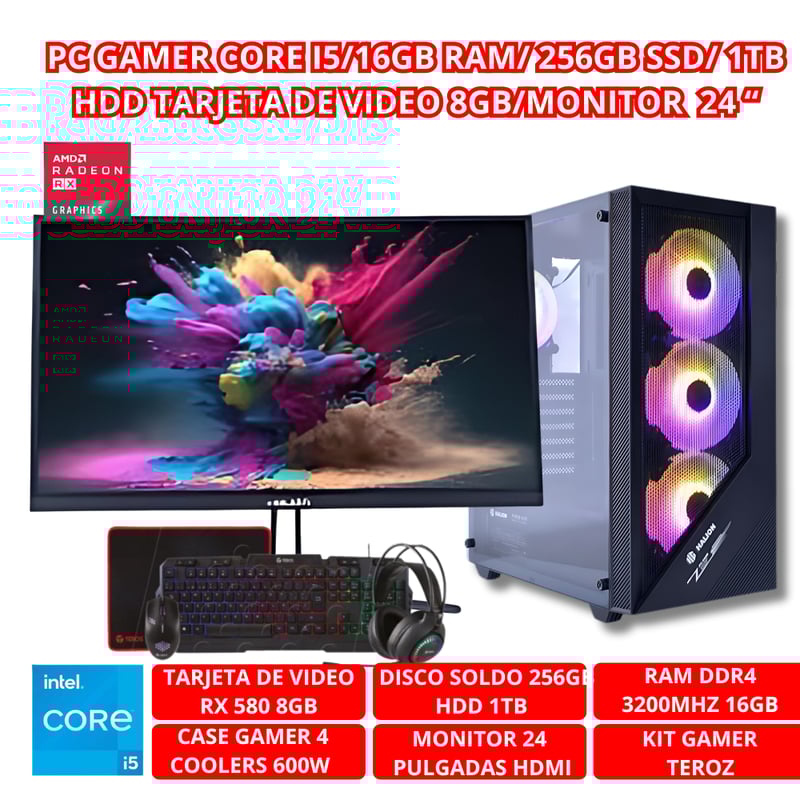 PC GAMER CORE I5 16GB RAM SSD 256GB 1TB HDD 24 PULGADAS MONITOR INTEL ...