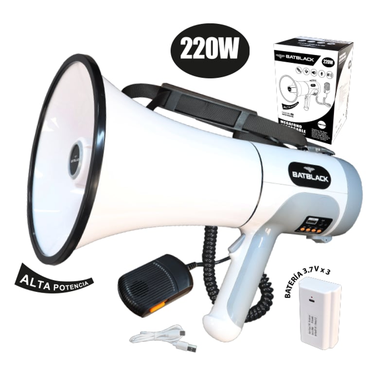 Megafono Recargable 220 W Alcance 1200 Mts BT-MF220 BATBLACK ...