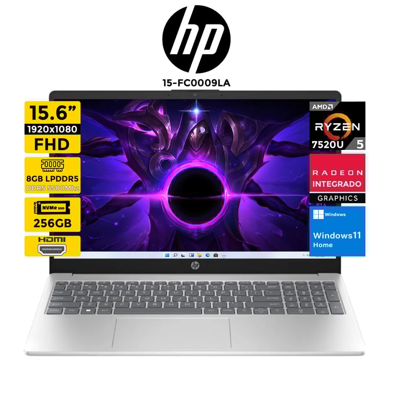 Laptop HP 15-fc0009la Ryzen 5-7520 Pantalla 15.6" 8GB 256GB Windows 11 ...