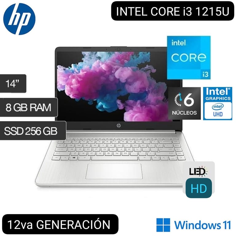 LAPTOP HP 14-DQ5009LA INTEL CORE i3 1215U 12va GEN 14 HD 8GB RAM 256GB SSD INTEL UHD GRAPHICS ...