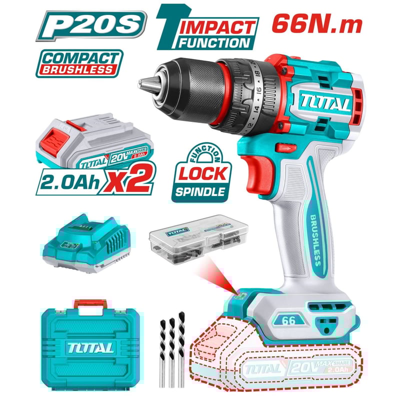 TALADRO PERCUTOR BRUSHLESS 20V 66NM BL MOTOR-TIDLI20668 TOTAL TOOLS ...