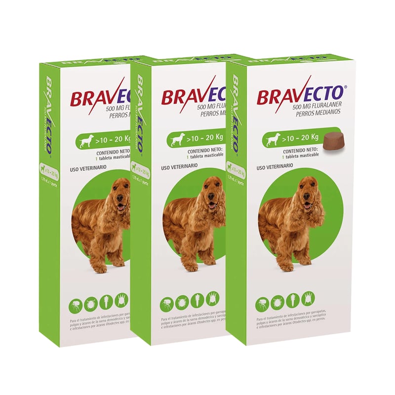 ANTIPULGAS BRAVECTO 500MG PARA PERRO 10 A 20 KG - 3 TAB BRAVECTO | falabella.com