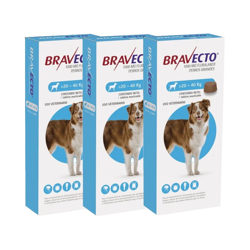 ANTIPULGAS BRAVECTO 1000MG PARA PERRO 20 A 40 KG - 3 TAB BRAVECTO ...