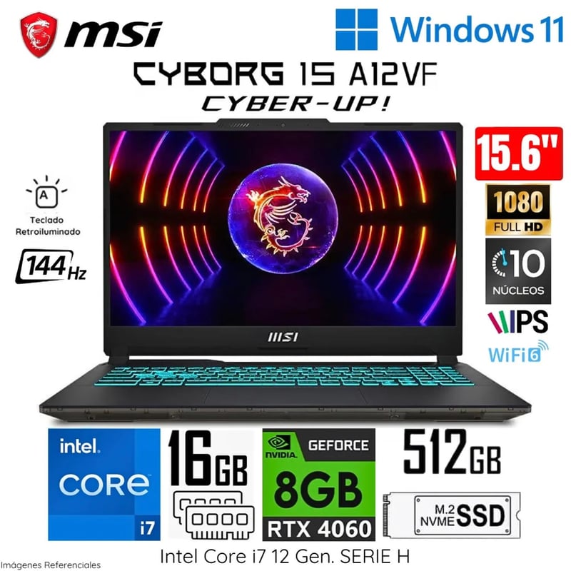 Laptop MSI Cyborg 15 A12VF Intel Core i7-12650H 16GB RAM 512GB SSD RTX4060 8GB 15.6" FHD 9S7 ...