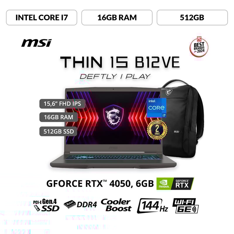 Gamer MSI Intel Core i7 RTX4050 16GB 512GB SSD Thin 15 B12ve 12° Gen 15 ...