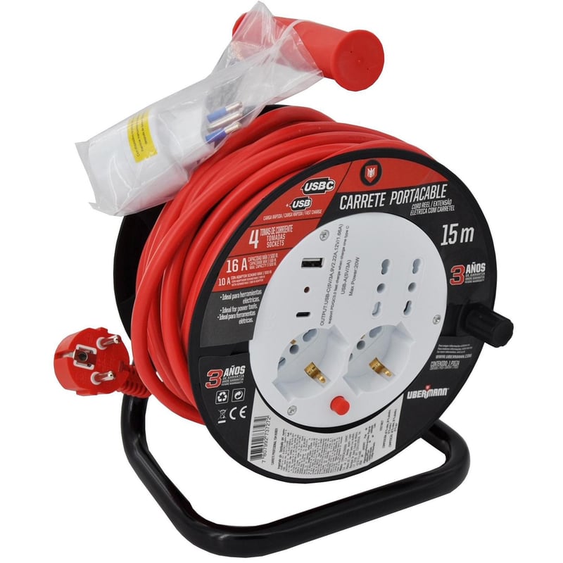 Carrete Alargador Shuko 1 USB 16/10A 1 Toma(s) 15 m Negro | Sodimac ...