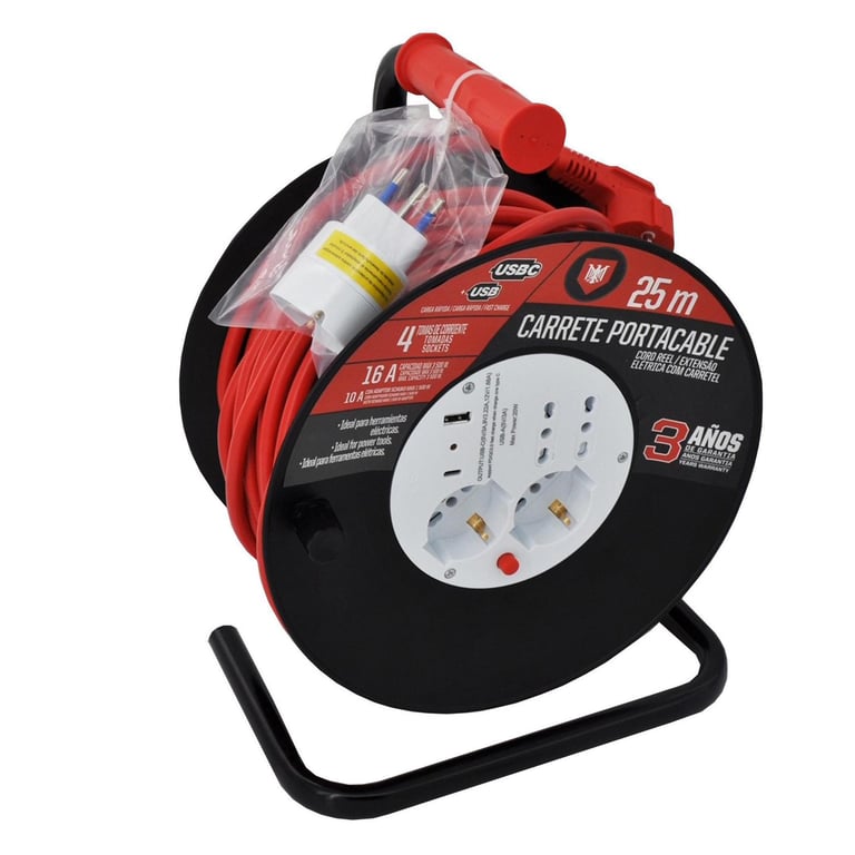 Carrete Alargador Shuko 1 USB 16/10A 1 Toma(s) 25 m Negro | Sodimac ...
