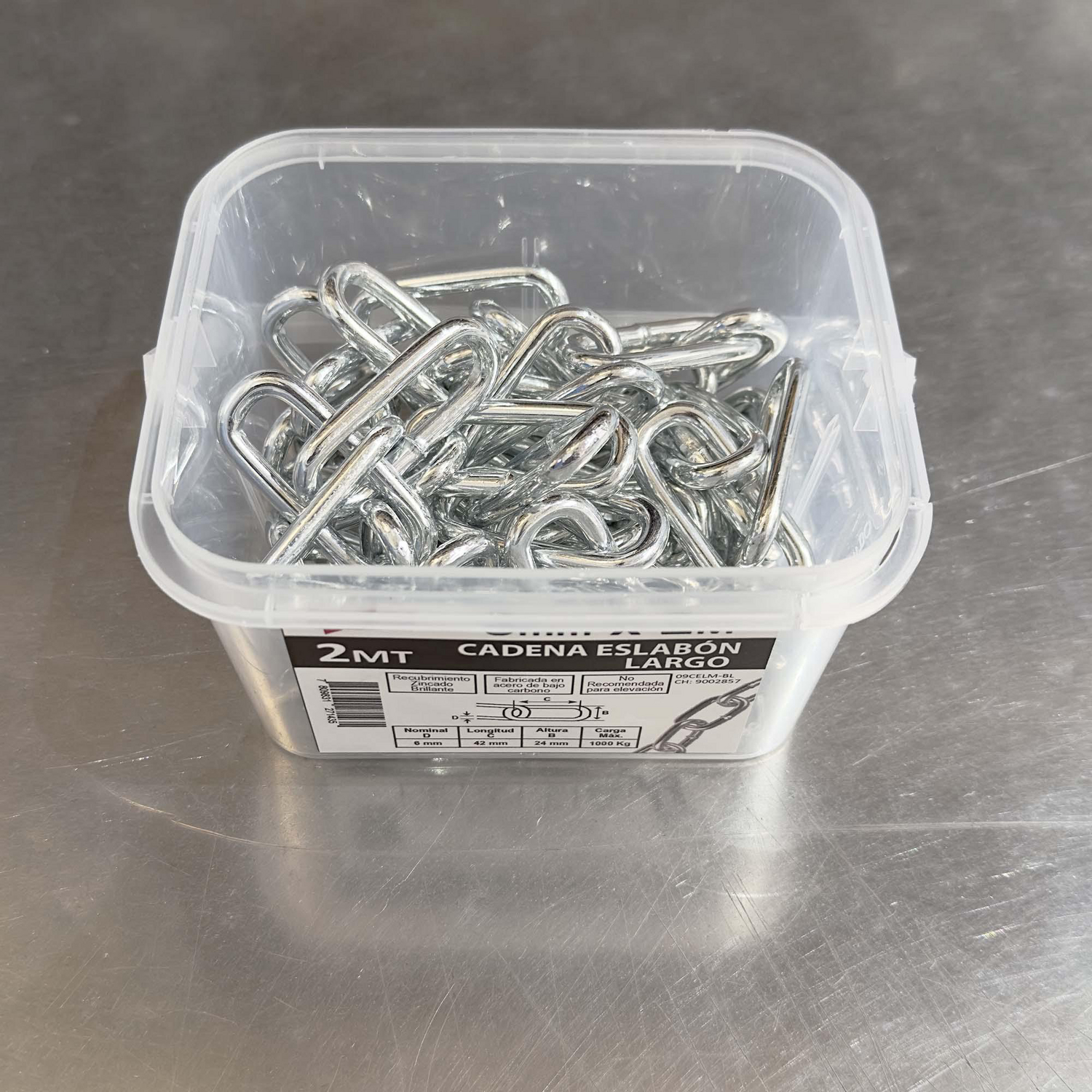 Cadena eslabón largo de acero 6mm x 2M zincado brillante en balde ...