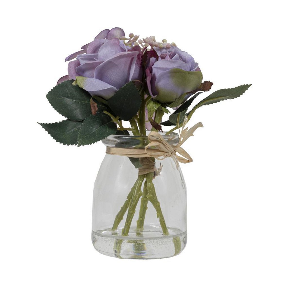 Hortensia y rosa morada en florero de vidrio 16 cm | Sodimac - Falabella