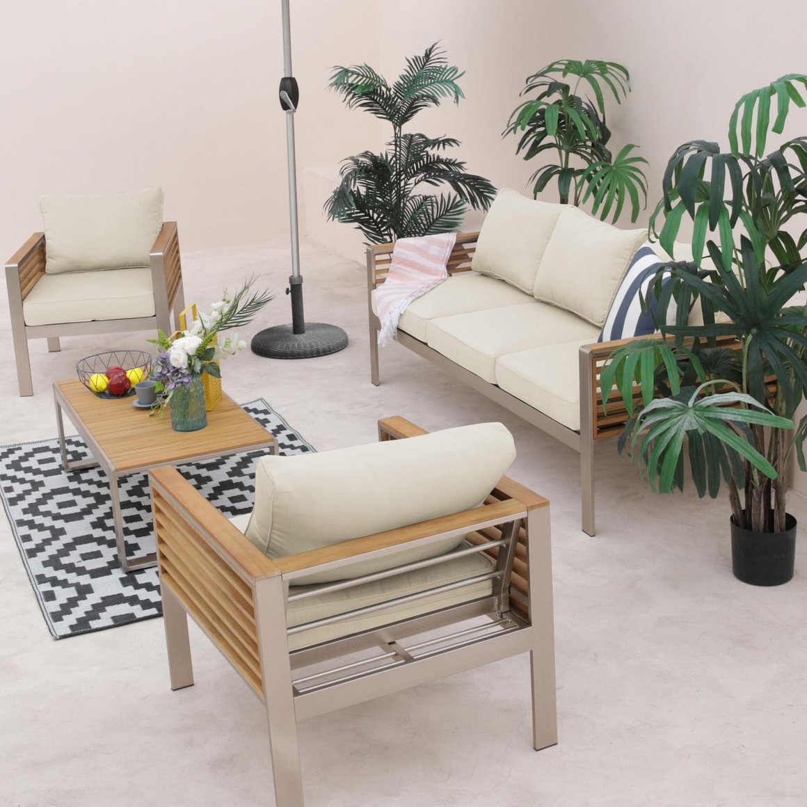 Juego de Living de Terraza Ishia 5 Personas Beige/Madera | Sodimac ...