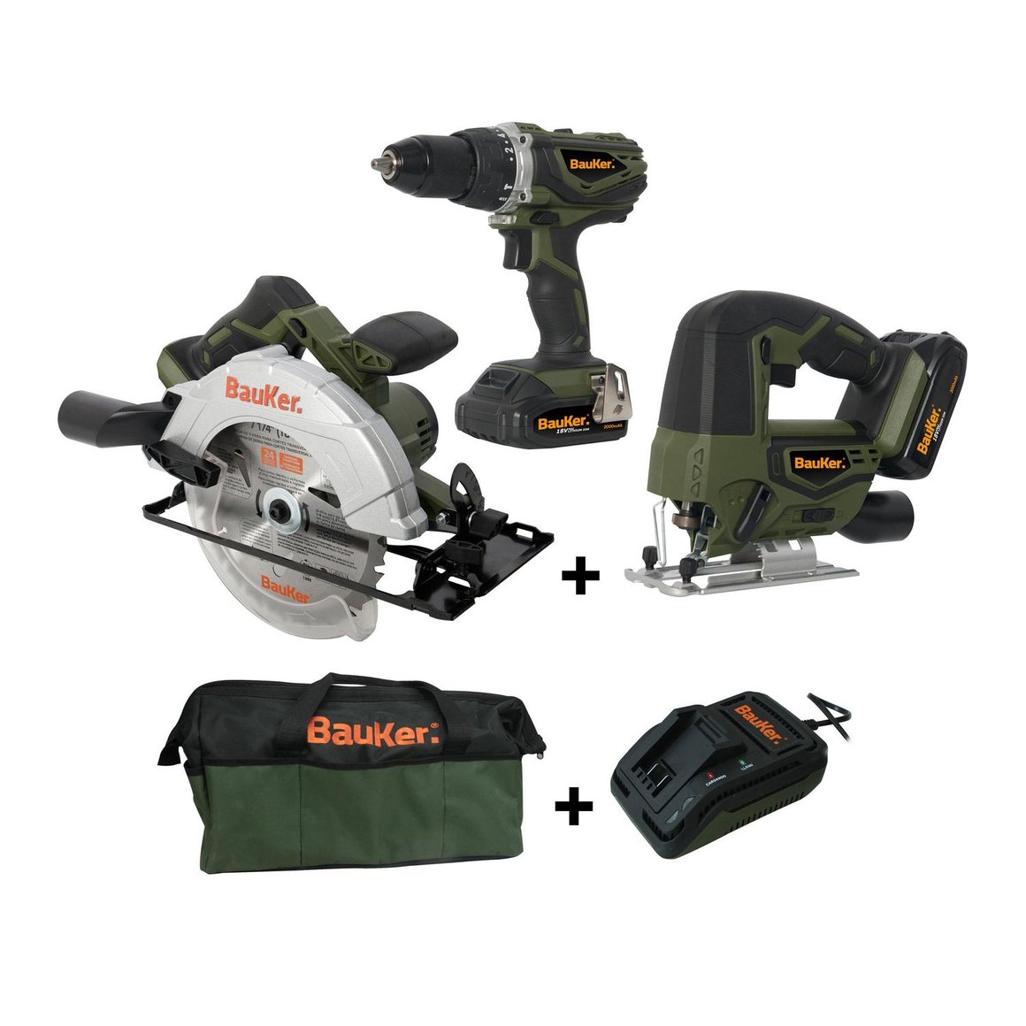 Taladro inalámbrico percutor + sierra circular + sierra caladora 18V ...