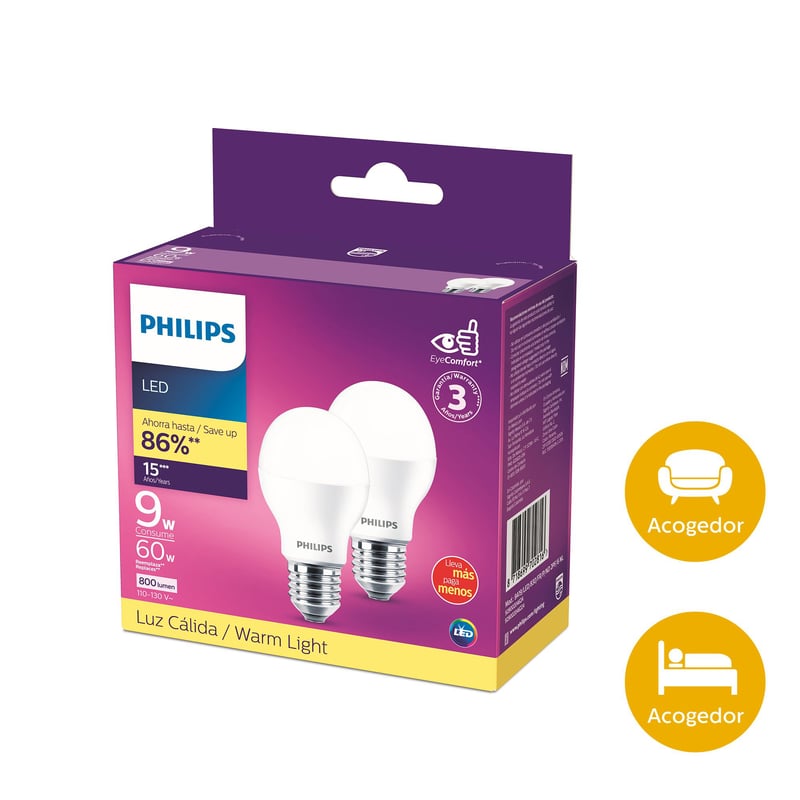 Packx2 Bulbo Led 9w 800 Lúmenes E27 Luz Cálida PHILIPS | falabella.com