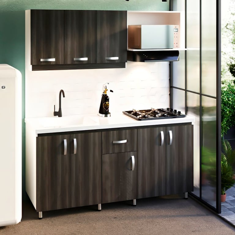 Cocina Integral Ambar 1.80 Metros Blanco/Carbono Incluye Mesón Aqua con ...