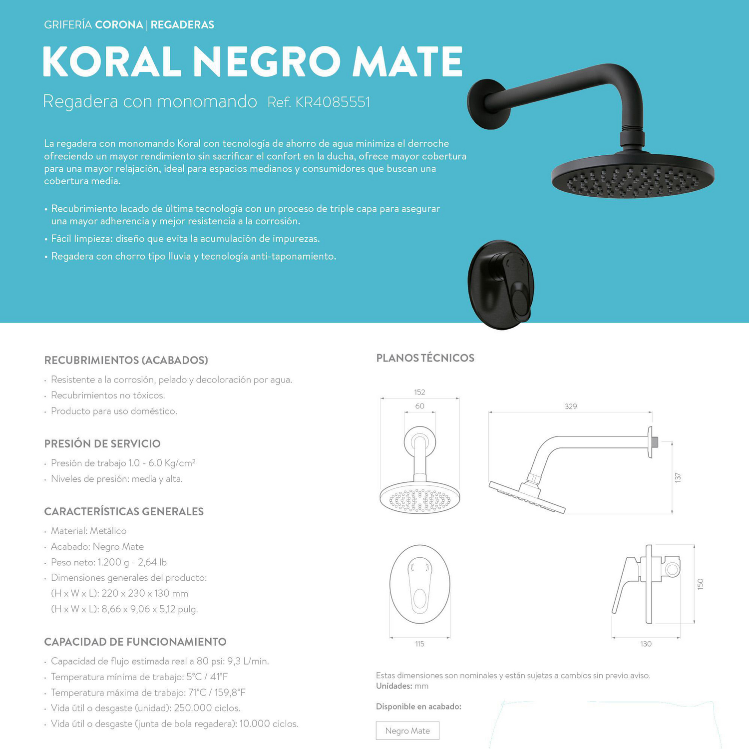 Regadera con monomando Koral Negro Mate - Sodimac.com.mx