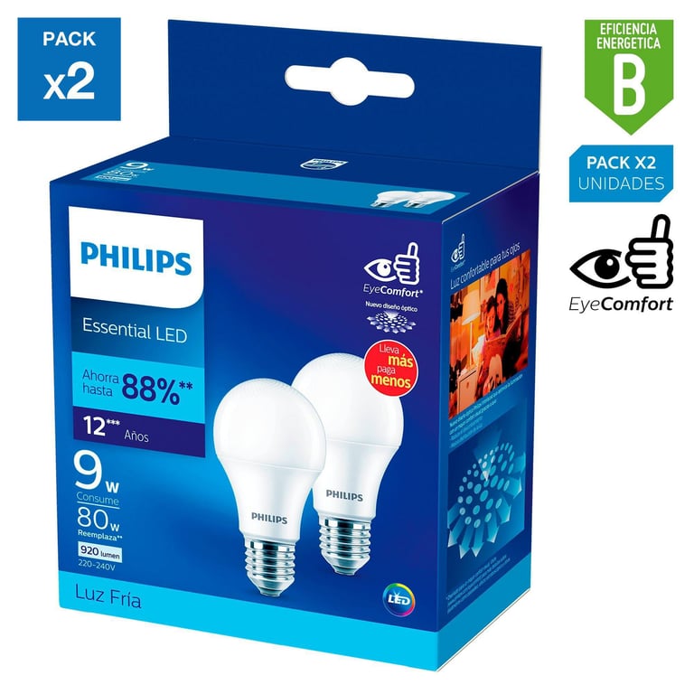 Pack x2 Foco LED Bulbo A60 E27 9W Luz Blanca | Sodimac Falabella