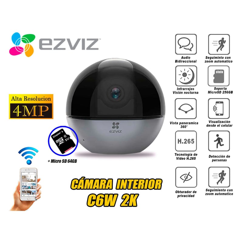 Ezviz Cámara Seguridad Audio Inalambrico Wifi C6W 4Mp 2K Micro SD 64GB ...