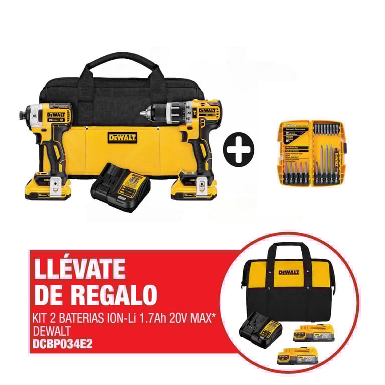 Kit Taladro Percutor Dewalt 1/2" 20V + Atornillador de Impacto Dewalt 1/4" 20V + Cargador ...
