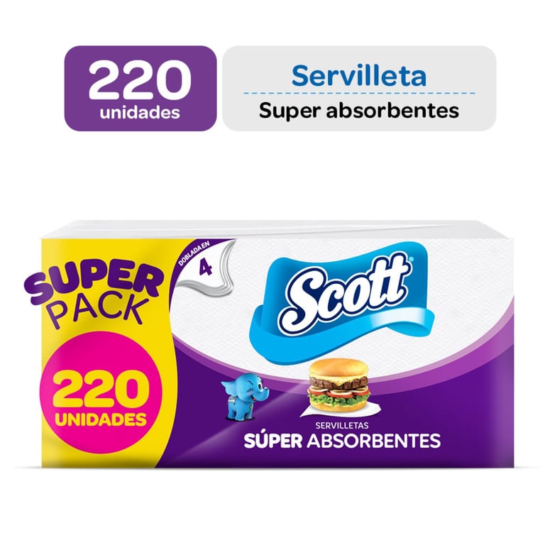 Servilletas Scott Súper Absorbentes Dobladas En 4 Empaque 220 Und ...