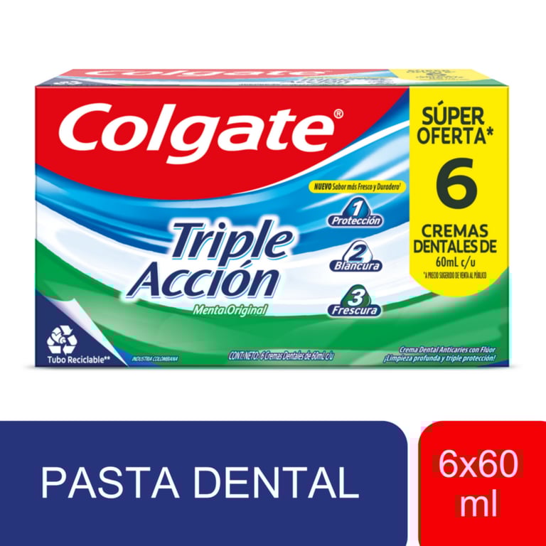 Pasta Dental Colgate Triple Acción Menta Pack 6 Cajas 60 mL | Tottus Perú