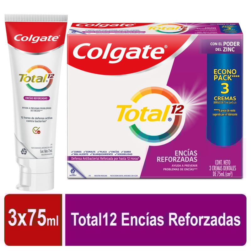 Pasta Dental ColgateTotal 12 Gums 3 x 75 mL | Tottus Perú