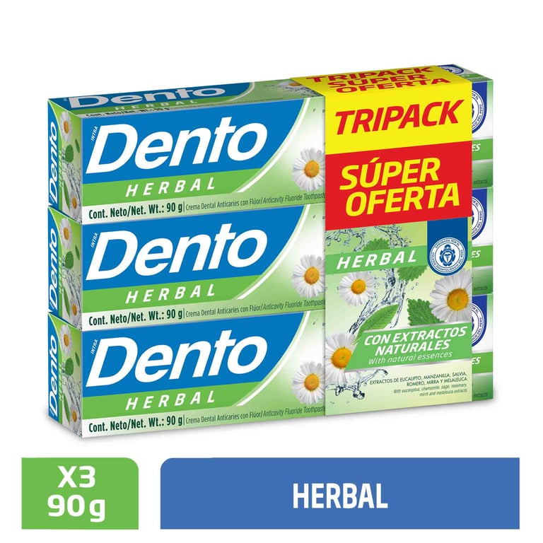 Crema Dental Dento Herbal Pack 3 Empaques 90 g | Tottus Perú