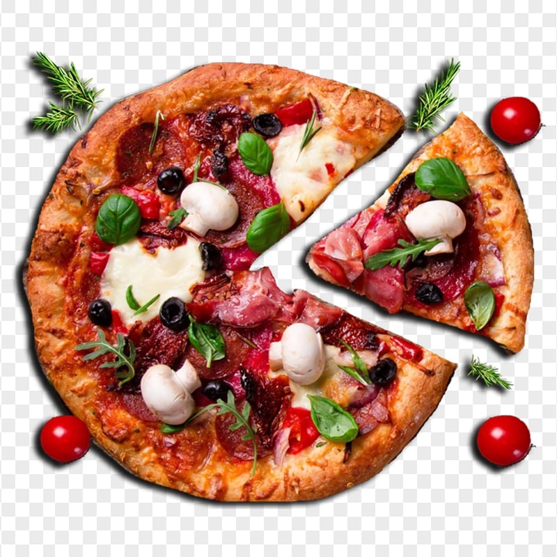 Real Bacon Pizza with Cherry Tomatoes Transparent Background | Citypng