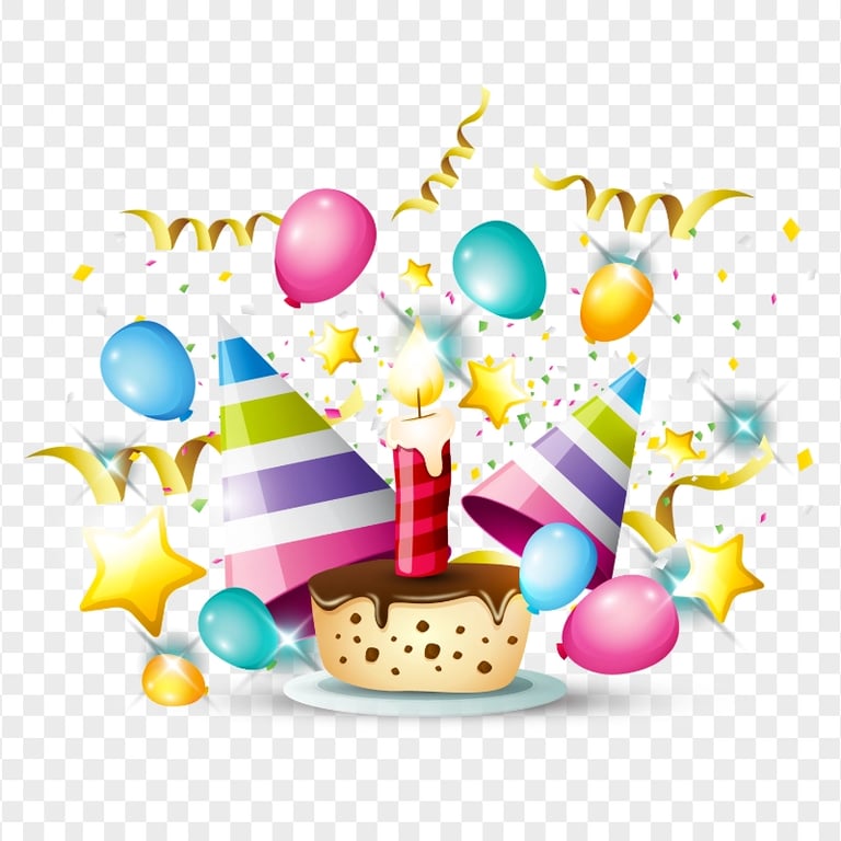 HD Birthday Decorations Cake Streamers Balloons Illustration PNG | Citypng