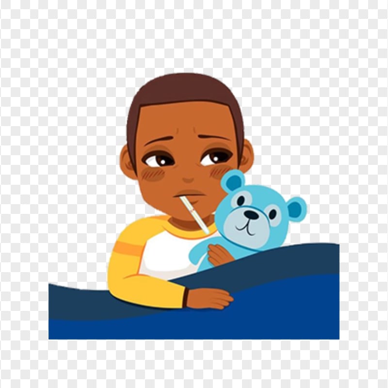 Cartoon Kid Boy In Bed Sick Fever With Teddy Bear | Citypng