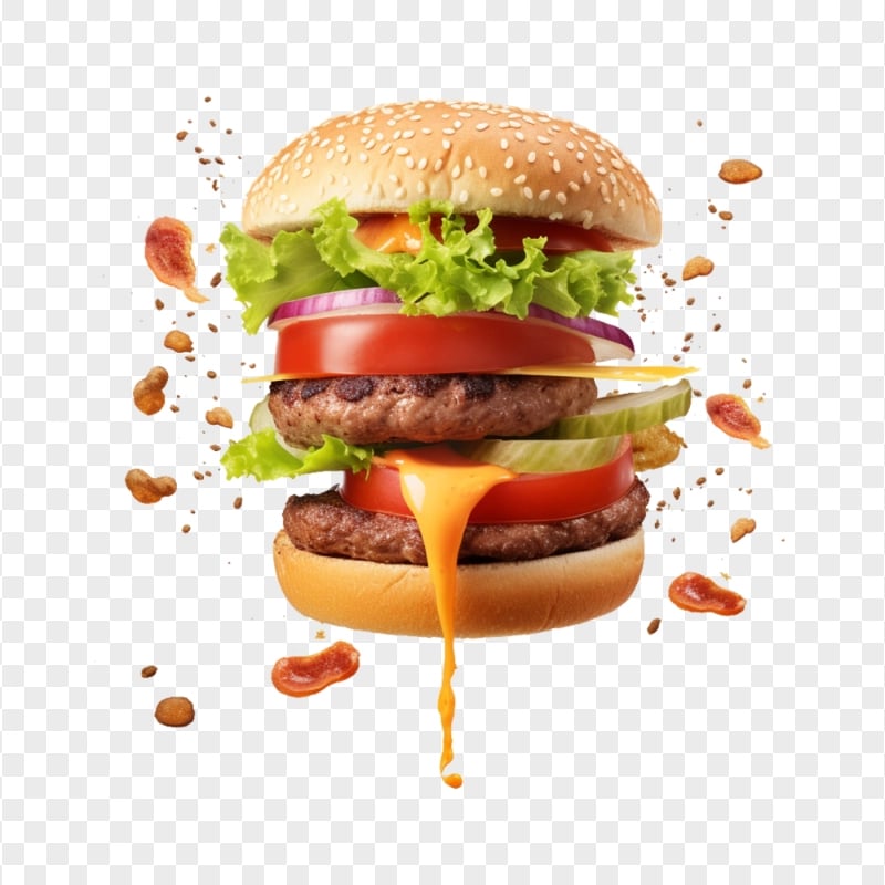 Realistic Beef Burger with Flying Toppings HD PNG | Citypng