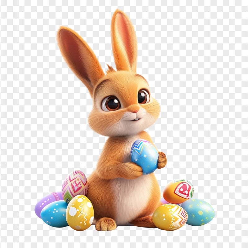 Transparent HD Cartoon Brown Bunny with Easter Eggs | Citypng